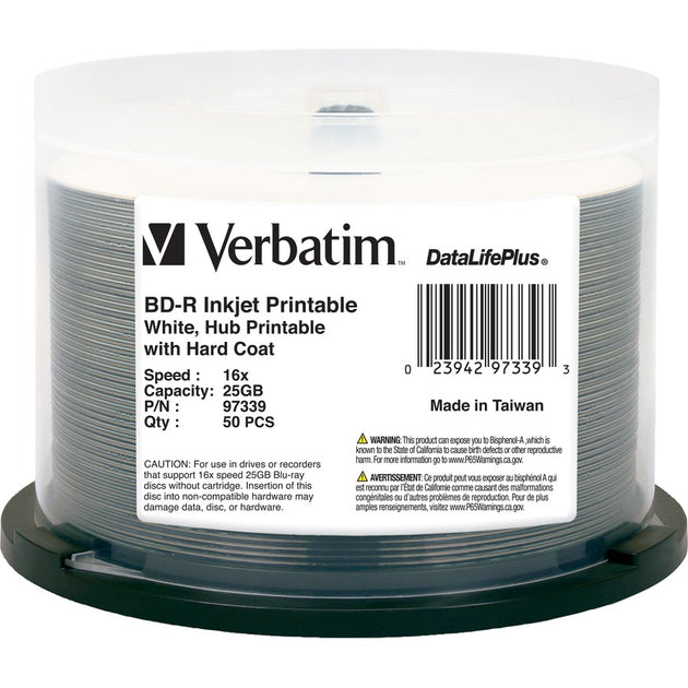 Verbatim BD-R 25GB 6X DataLifePlus White Inkjet Printable, Hub Printab ...