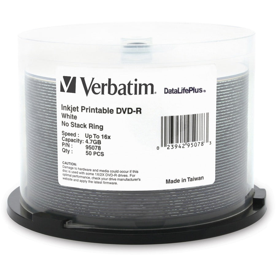 Verbatim DVD-R 4.7GB 16X DataLifePlus White Inkjet Printable - 50pk Sp ...